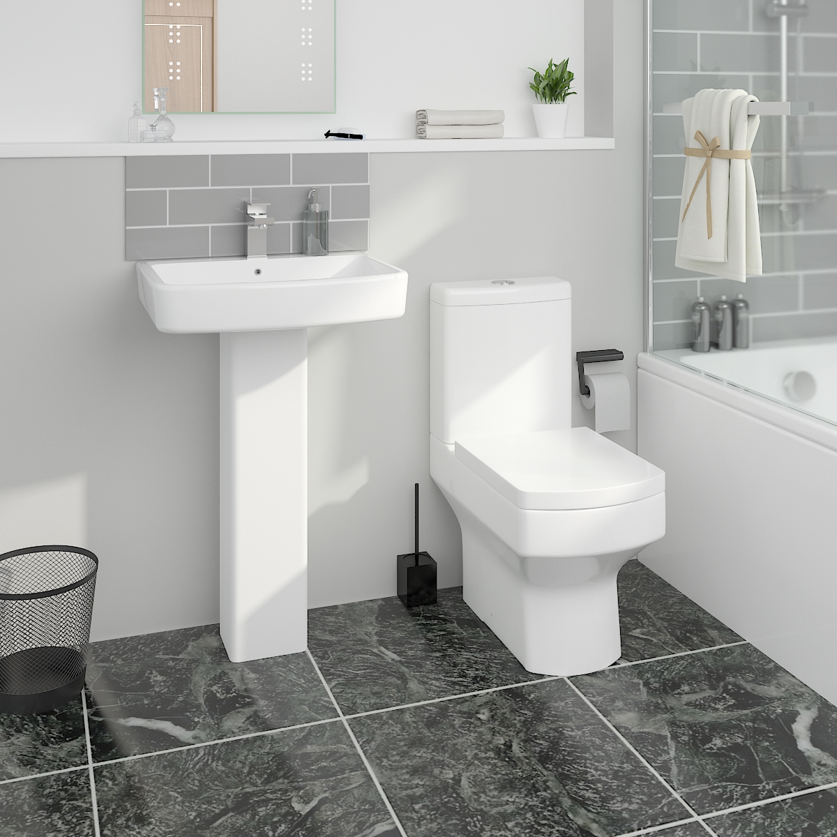 Bathroom Suite White Ceramic BTW Toilet Close Coupled Square Pan Seat ...