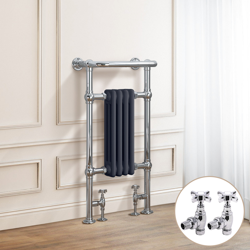 Traditional Victorian Radiator Heated Grey-Chrome Towel Rail Valves ...